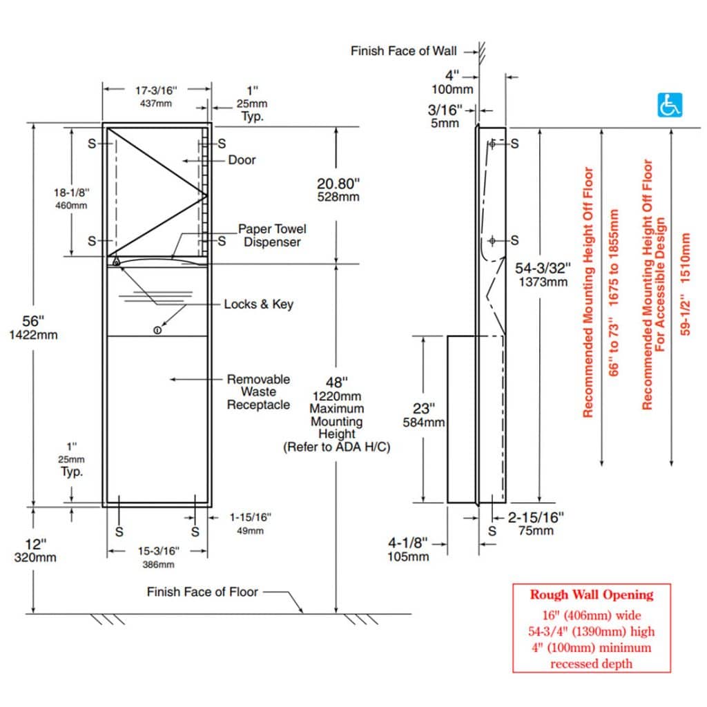 Bobrick Convertible Towel Waste Unit - B-3944 - Partition Plus