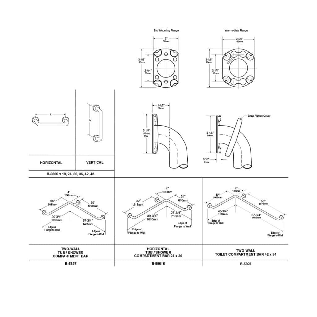 Bobrick 1 ¼” Diameter Straight Grab Bar B-5806 - Partition Plus